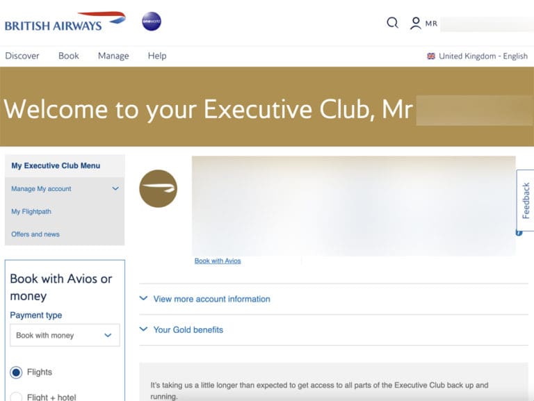 The British Airways Executive Club is still down but here's a workaround
